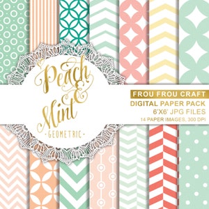 Mint and Peach Geometric Digital Paper Pack Instant Download Polka Dots ...