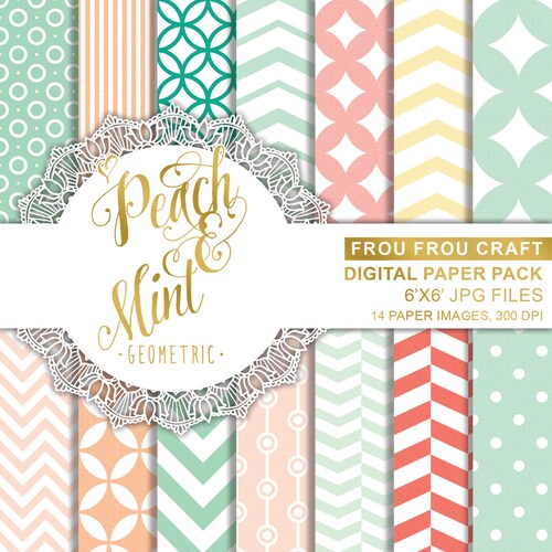 Mint and Peach Digital Paper Pack. Pastel Scrapbooking Paper. - Etsy