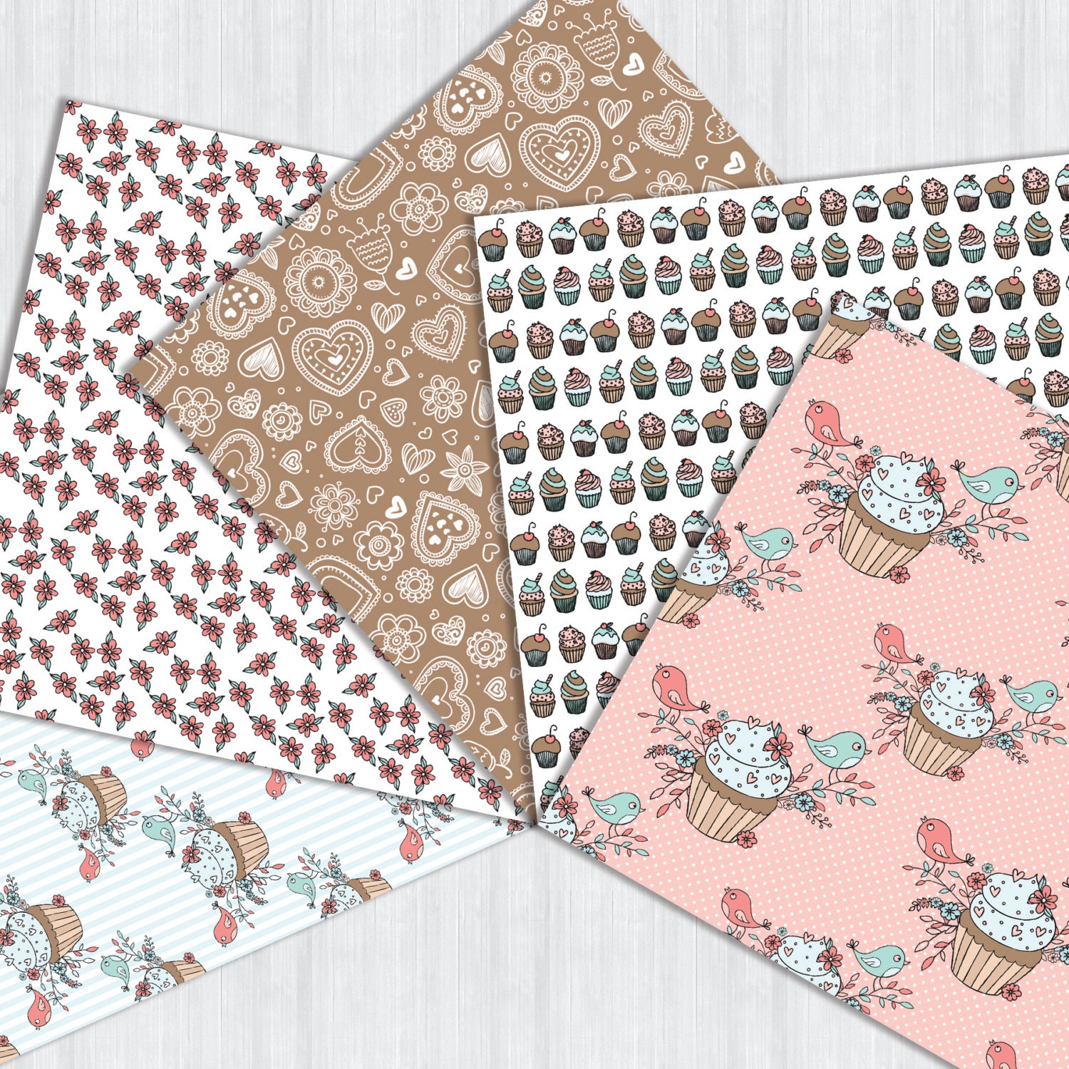 Cupcakes Birds Seamless Patterns Digital Paper Pack Instant - Etsy