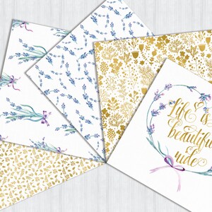 Lavender Gold Foil Watercolor Spring Flowers Shabby Chic Vintage Violet ...