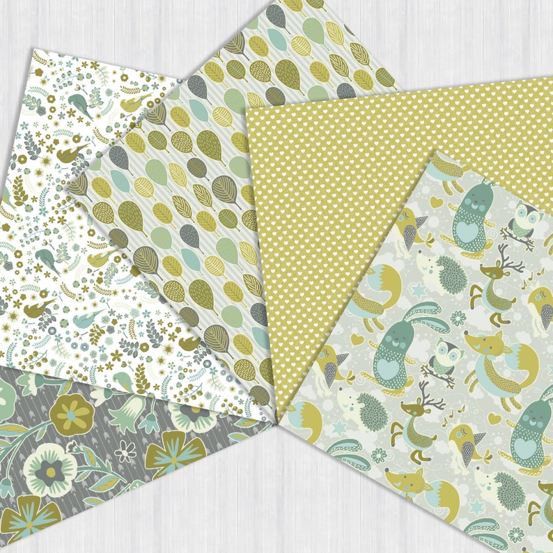 Green Blue Digital Paper Pack Birds Flowers Seamless - Etsy