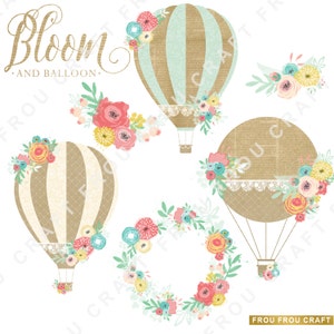 Hot Air Balloons Flowers Clipart Intant Download Digital Pink Blue ...