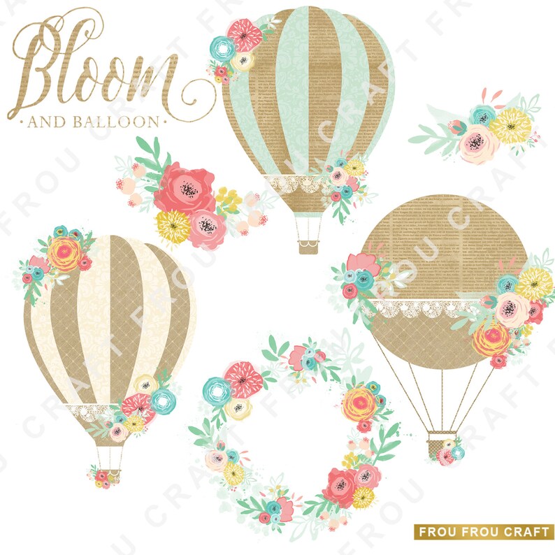 Hot Air Balloons Flowers Clipart Intant Download Digital Pink - Etsy