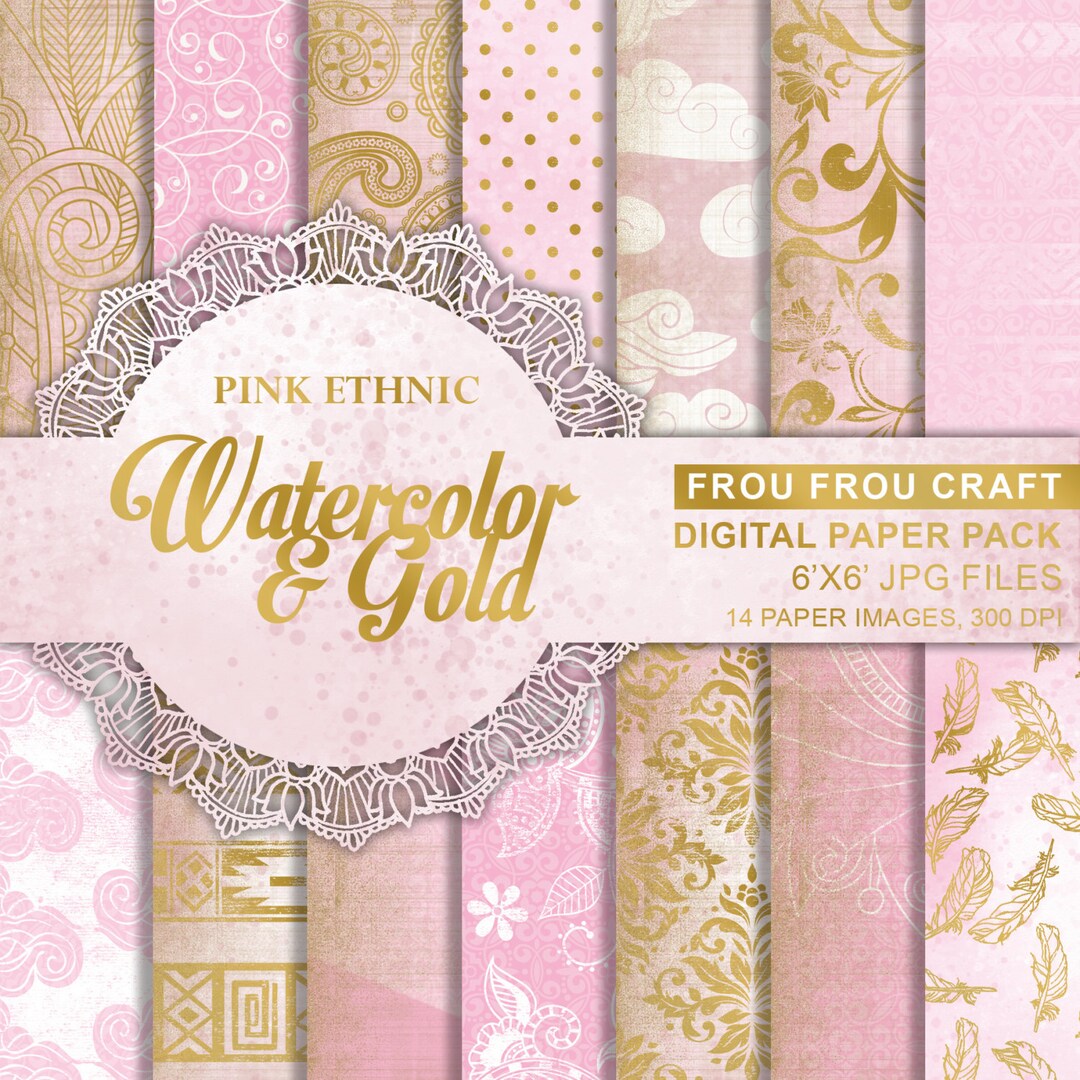 Pink Gold Digital Paper Pack Instant Download Watercolor Ethnic Tribal ...