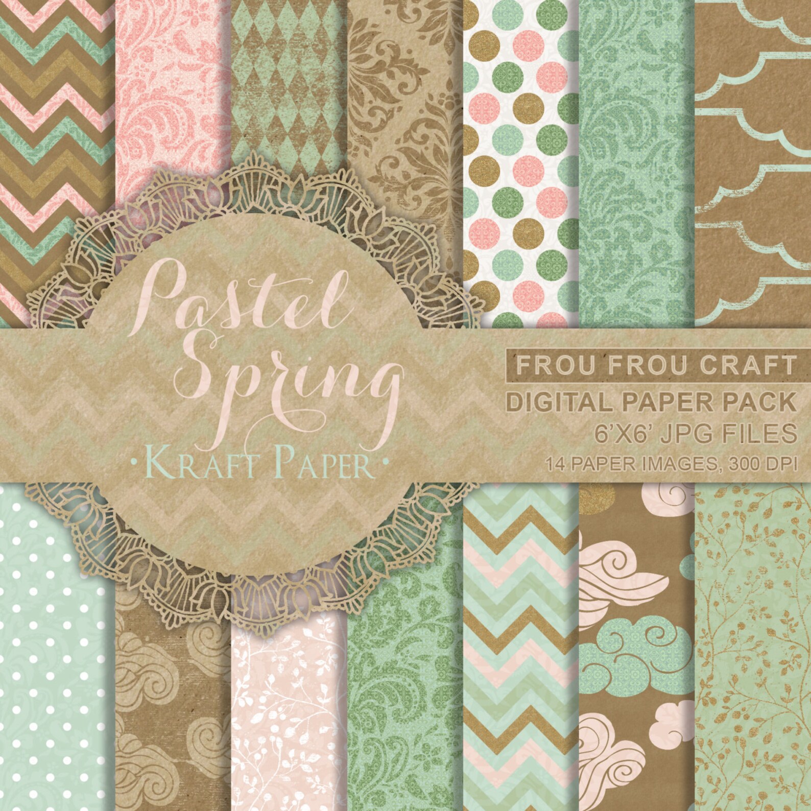 Mint Pink Kraft Digital Paper Pack Instant Download Florals | Etsy