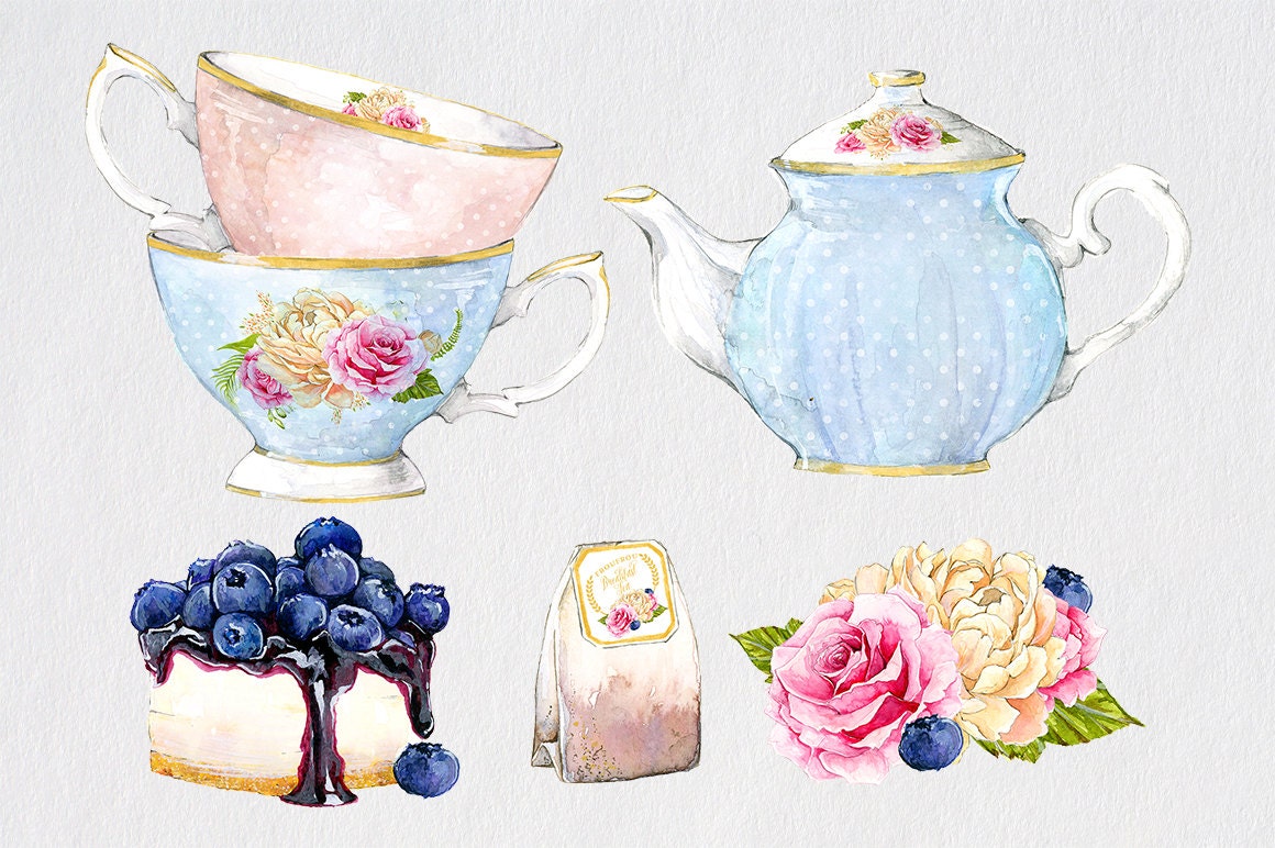 Watercolor Tea Party ClipArt Teacup Teacup Blueberry Cake - Etsy España