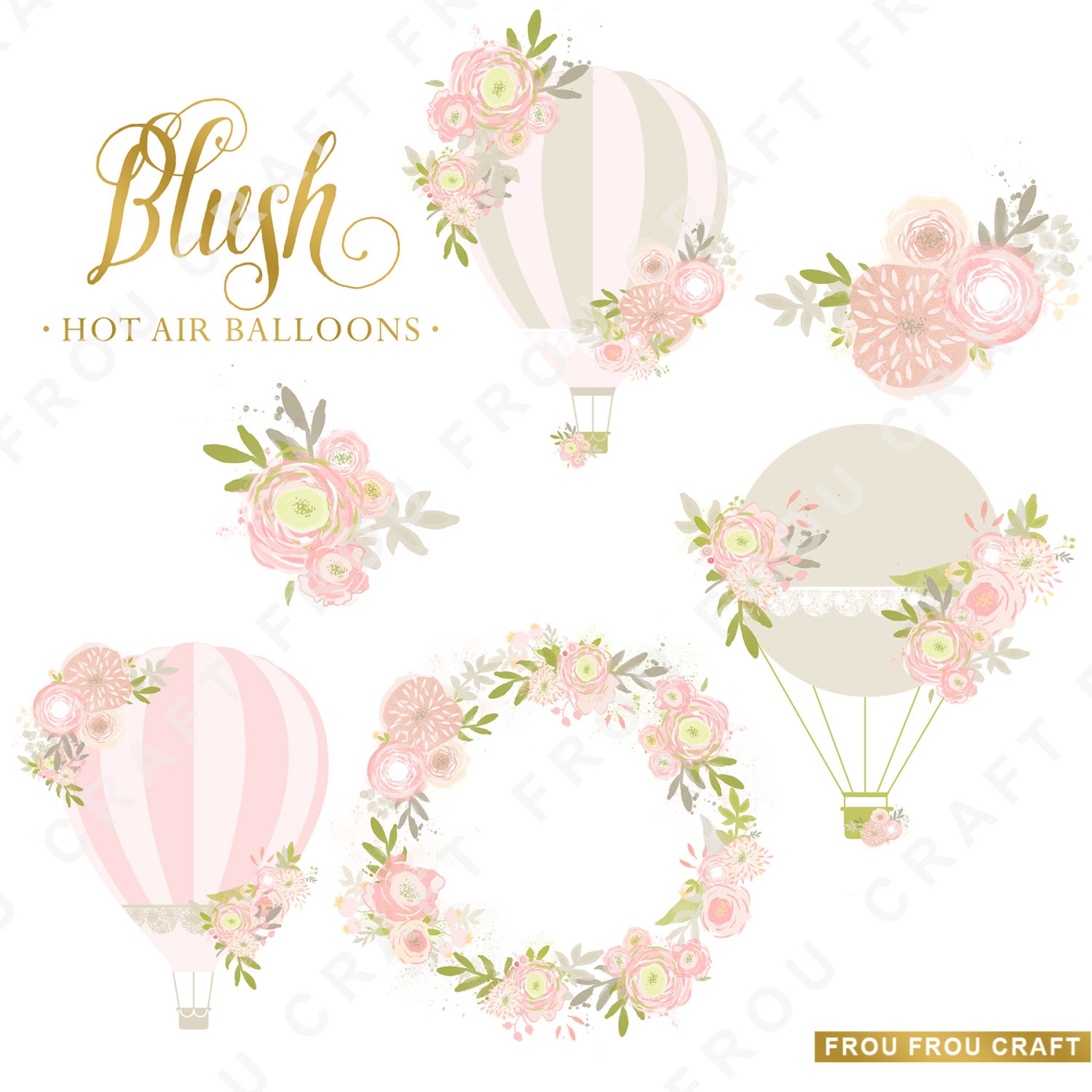 Pink Hot Air Balloons Flowers Clipart Intant Download Digital Blush ...