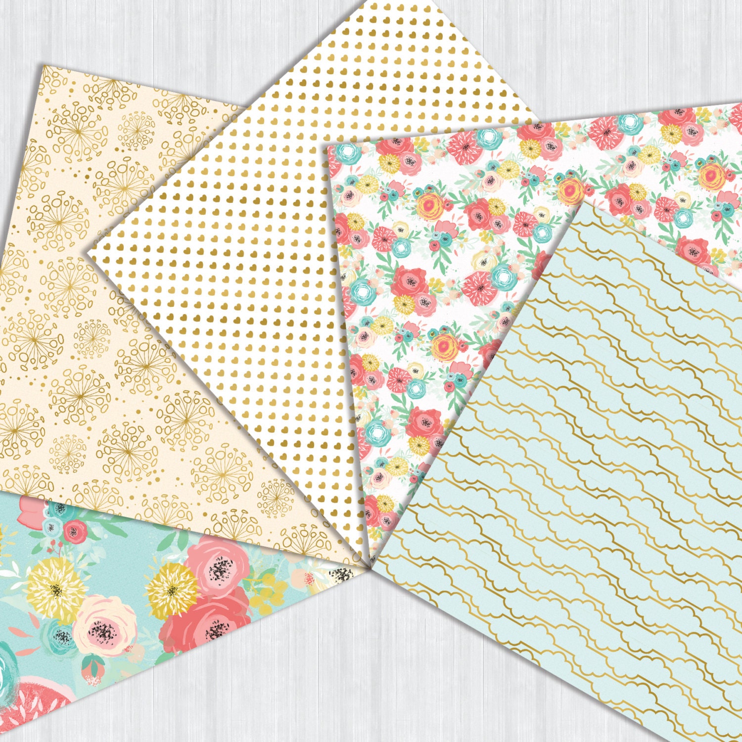 Spring Flowers Digital Printable Paper, Colorful Flowers Paper, Green ...