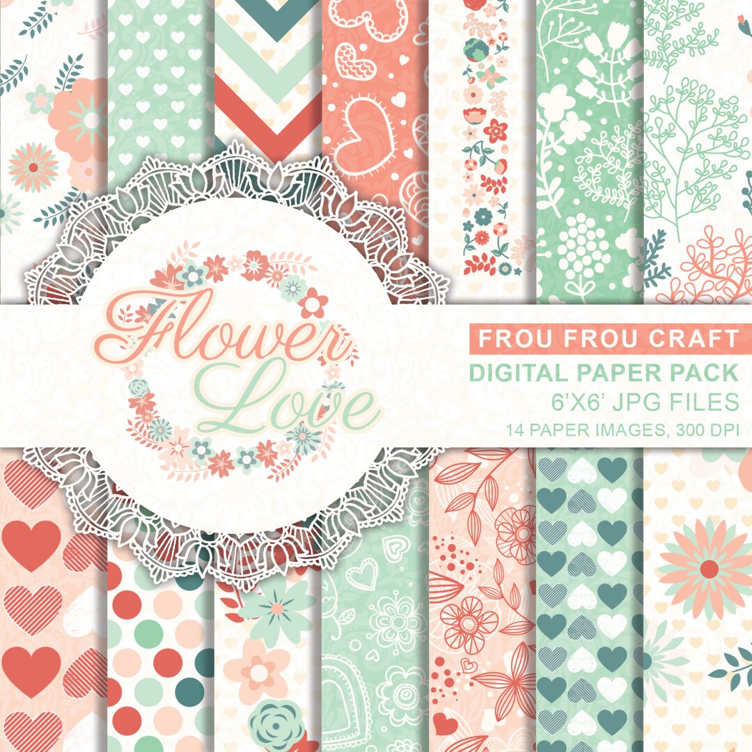 Flower Love Digital Paper Pack Instant Download Valentine Hearts Sweet ...