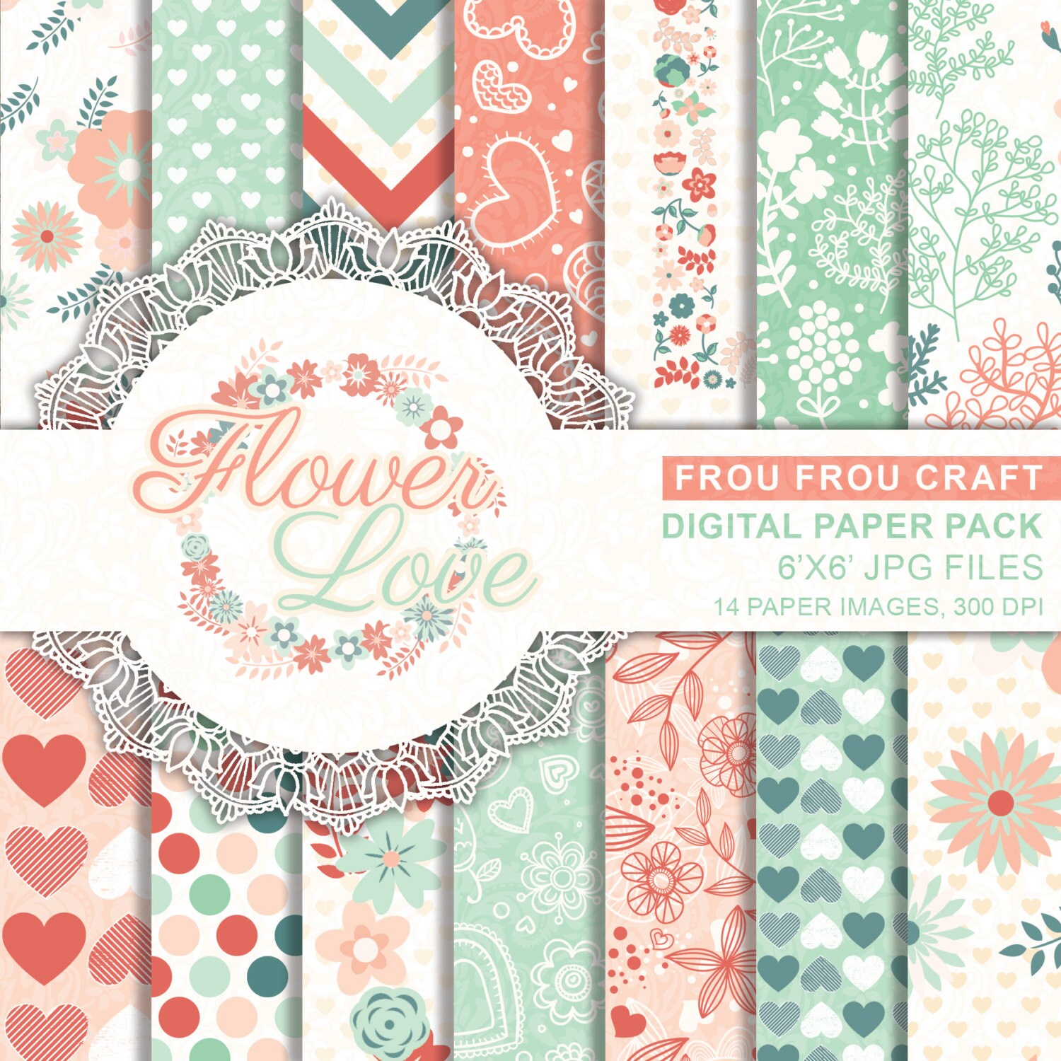 Flower Love Digital Paper Pack Instant Download Valentine Hearts Sweet ...