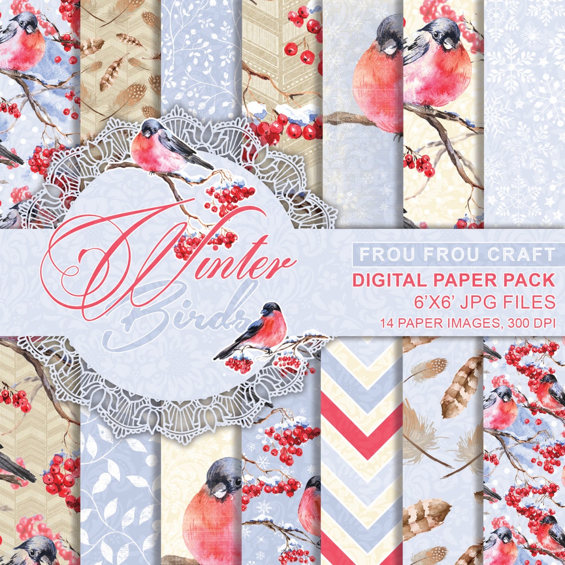 Winter Birds Digital Paper Pack Instant Download Watercolor - Etsy