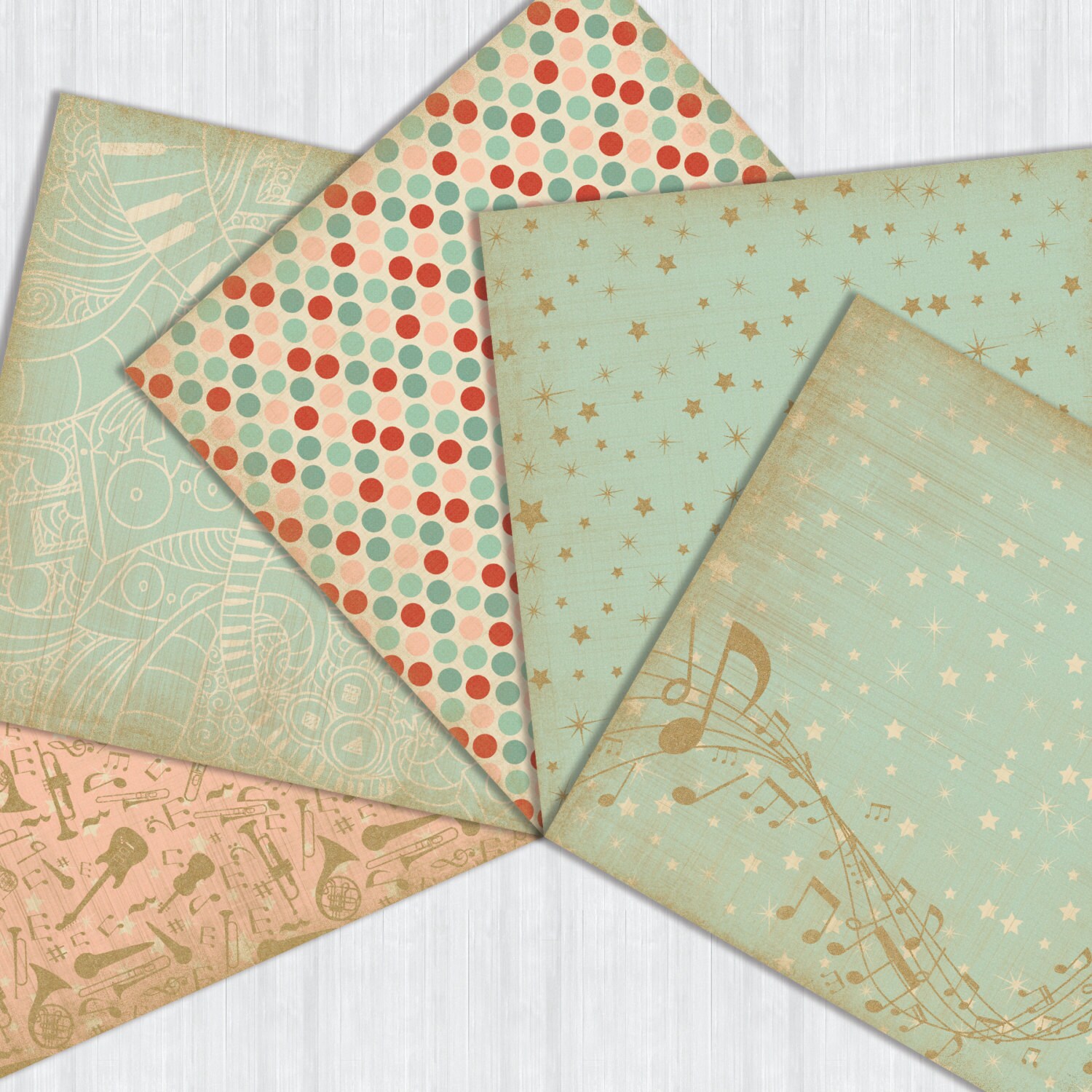 Retro Music Digital Paper Pack Instant Download Red Pink Mint | Etsy
