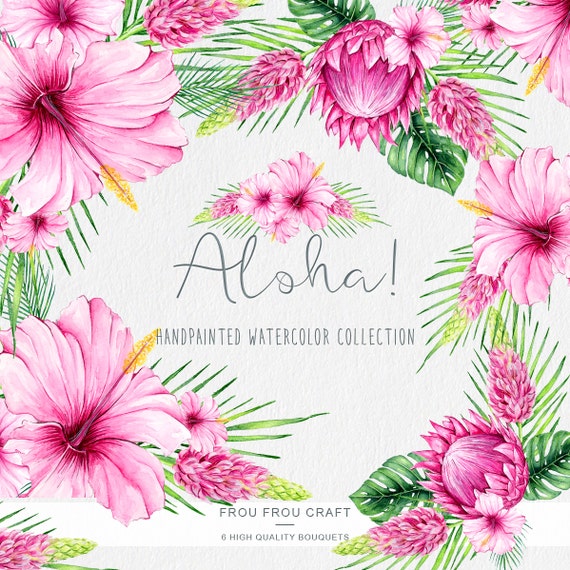Watercolor Flowers Clipart Tropical Summer Aloha Hibiscus | Etsy