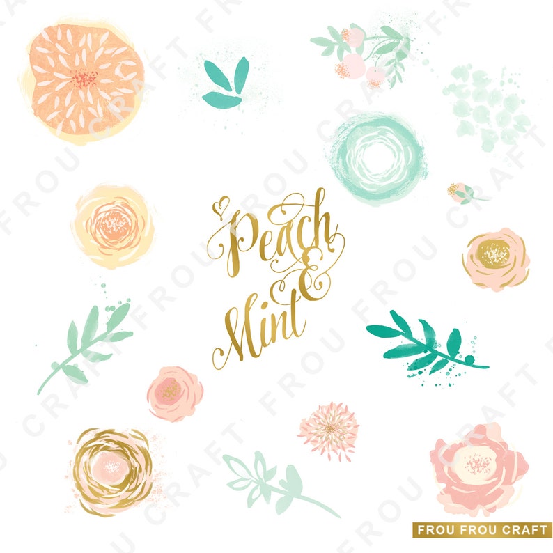 Peach And Mint Watercolor Flowers ClipArt Gold Foil Intant | Etsy