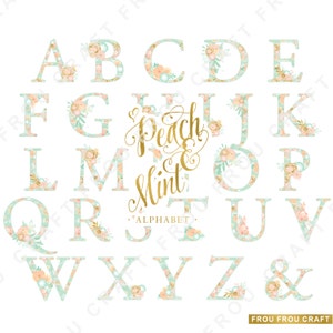 Alphabet Clipart Peach and Mint Flowers A to Z Letters Intant Download ...