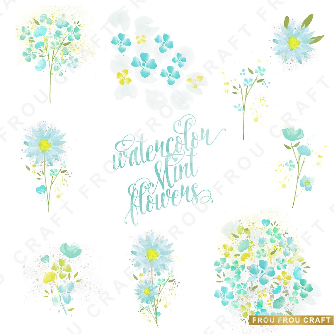 Mint Watercolor Flowers Clip Art Intant Download Digital Mint - Etsy