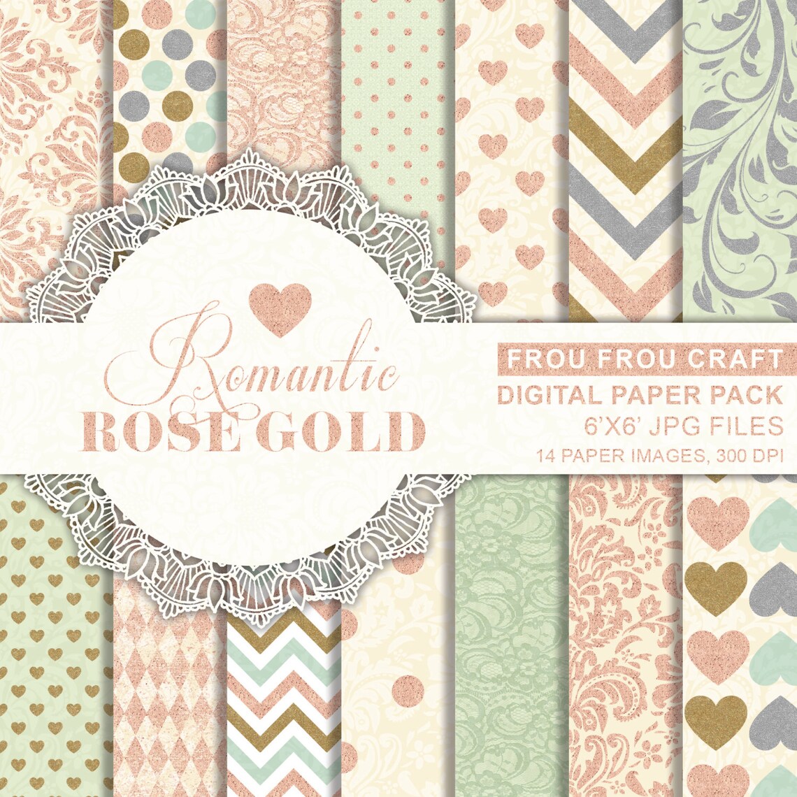 Rose Gold Digital Paper Pack Instant Download Romantic Hearts - Etsy