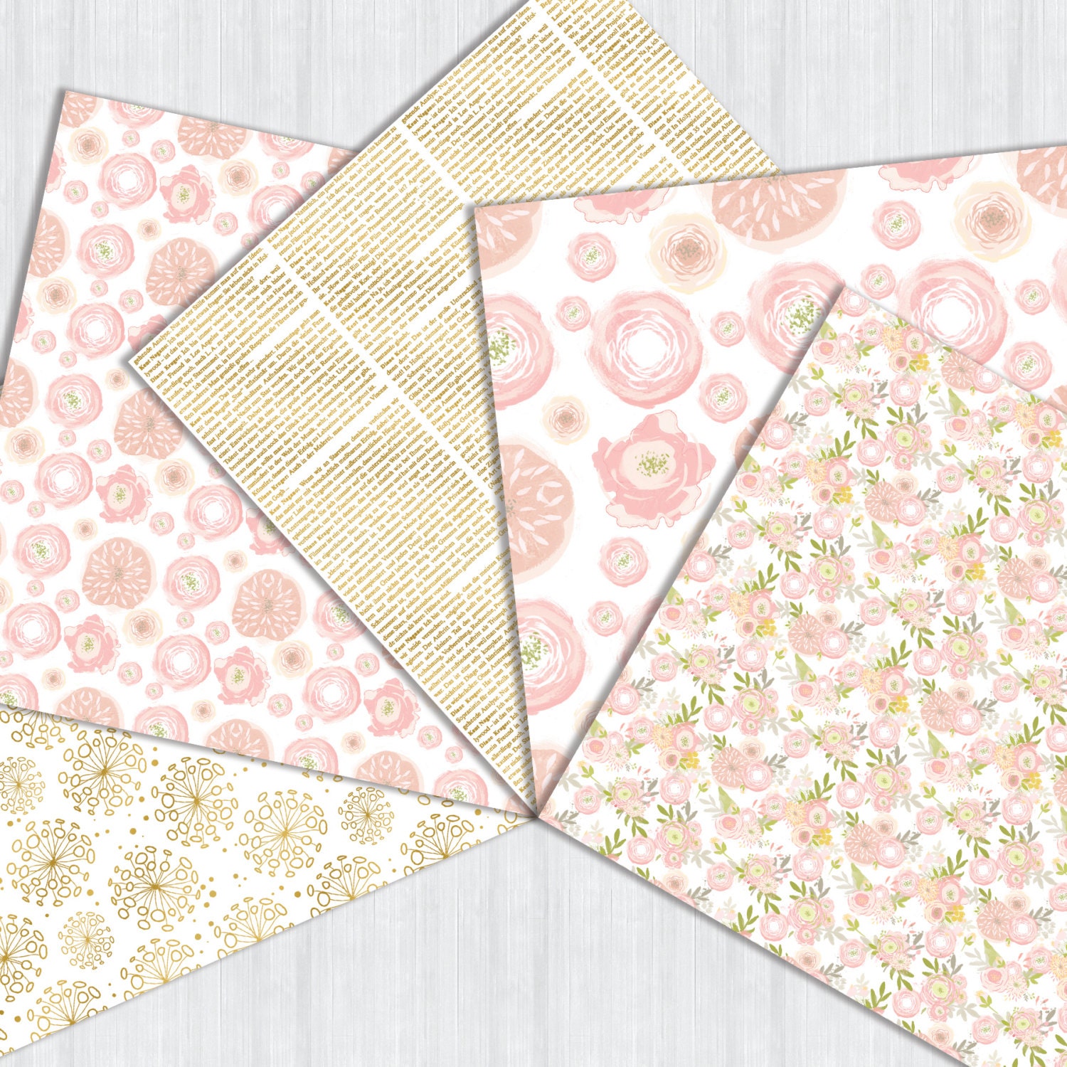Blush Pink Gold Foil Flowers Digital Paper Pack Instant | Etsy