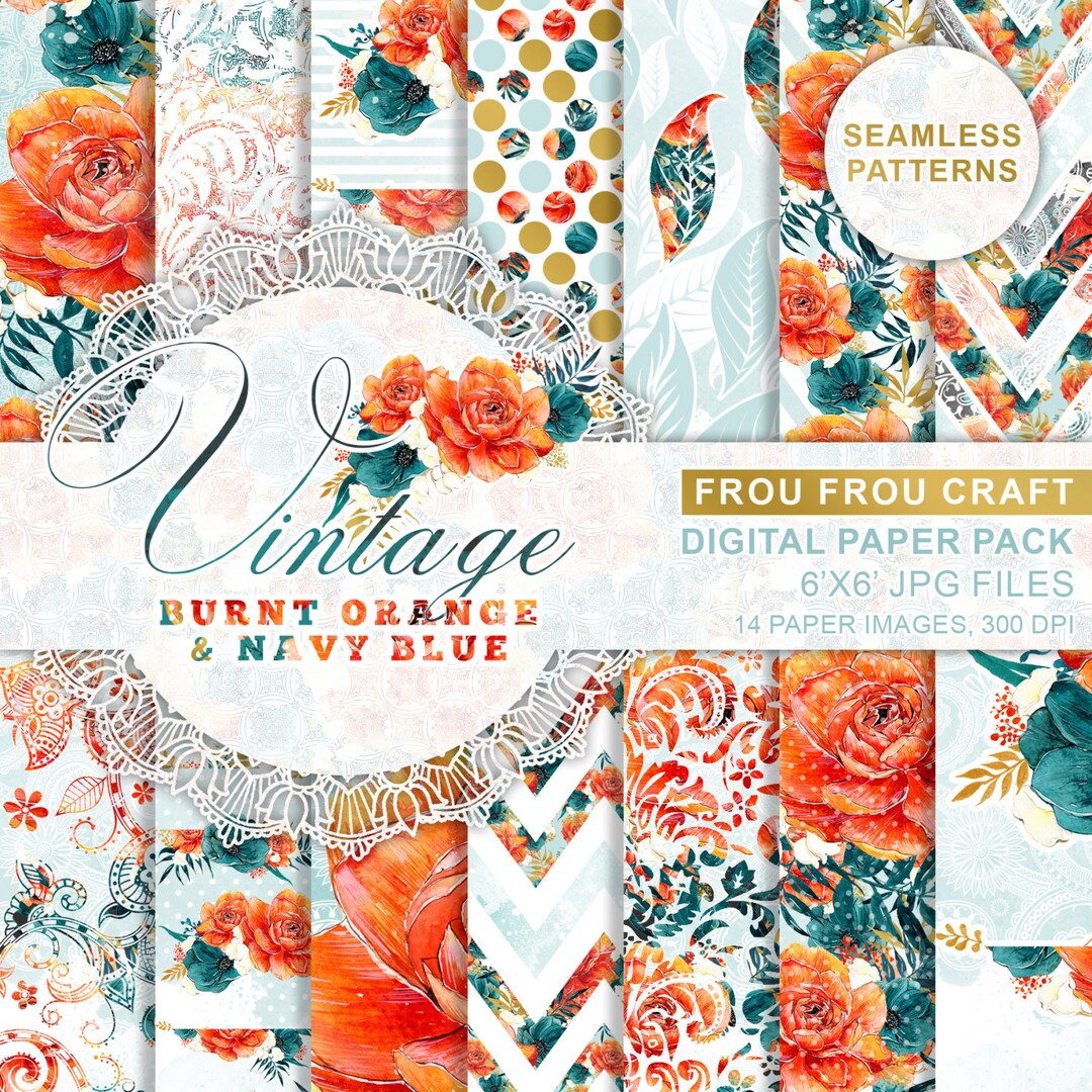 Burnt Orange Navy Blue Digital Pattern, Watercolor Digital Paper ...