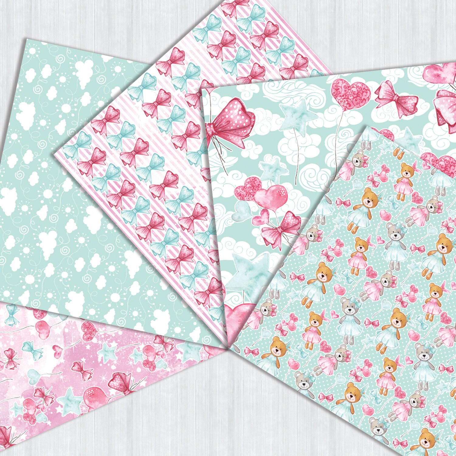 Teddy Bear Digital Paper Instant Download Pack Baby Balloon Girly Pink ...