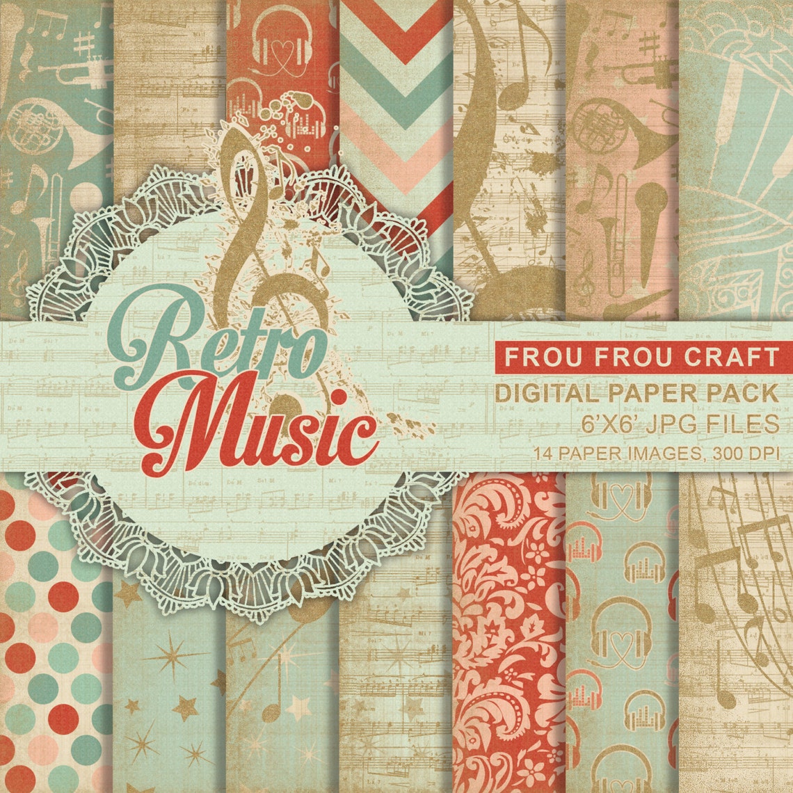 Retro Music Digital Paper Pack Instant Download Red Pink Mint | Etsy