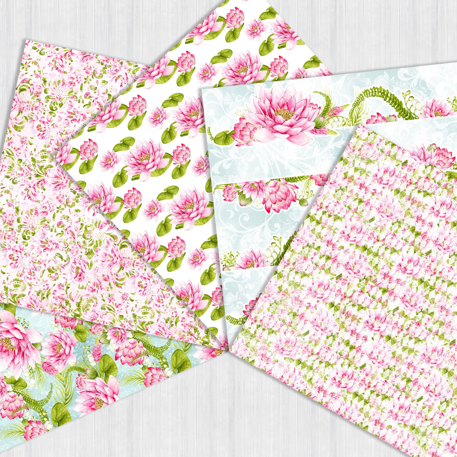 Lotus Digital Paper Pack Seamless Patterns Watercolor Flowers - Etsy