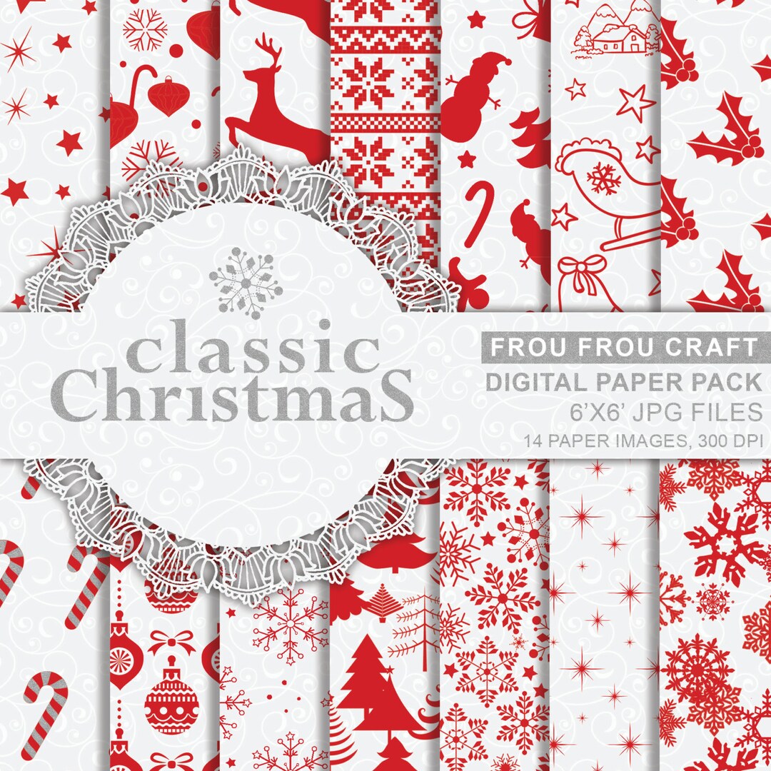 Red Christmas Digital Paper Pack Instant Download White Grey New Year ...