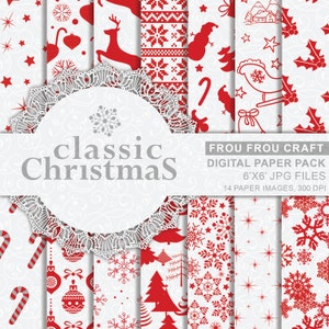 Red Christmas Digital Paper Pack Instant Download White Grey New Year ...