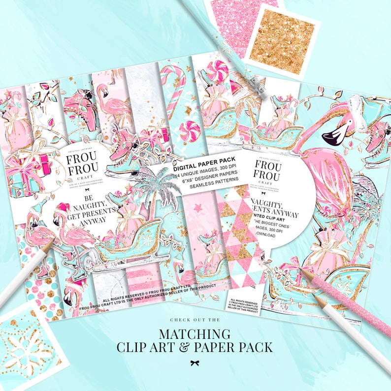 Tropical Christmas Paper Pack, Cute Winter Digital Paper Pack, Flamingo ...