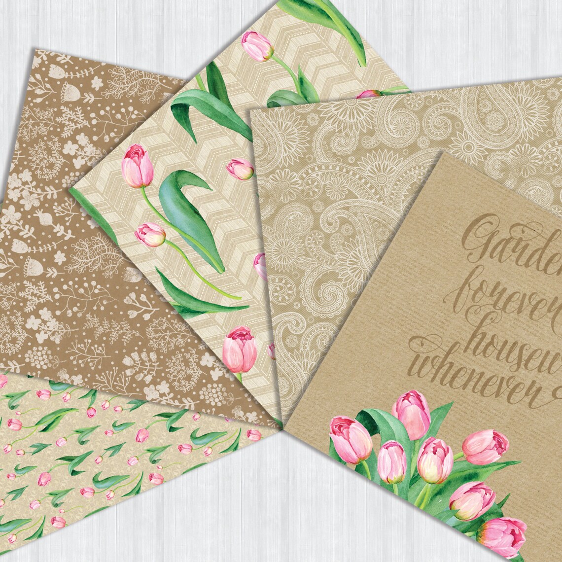 Pink Tulips Kraft Paper Watercolor Spring Flowers Digital Paper Pack ...