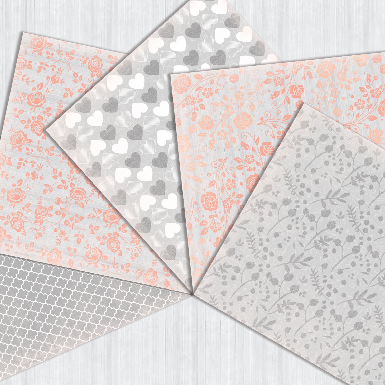 Peach Silver Digital Paper Pack Instant Download Grey Pink Vintage Wood ...