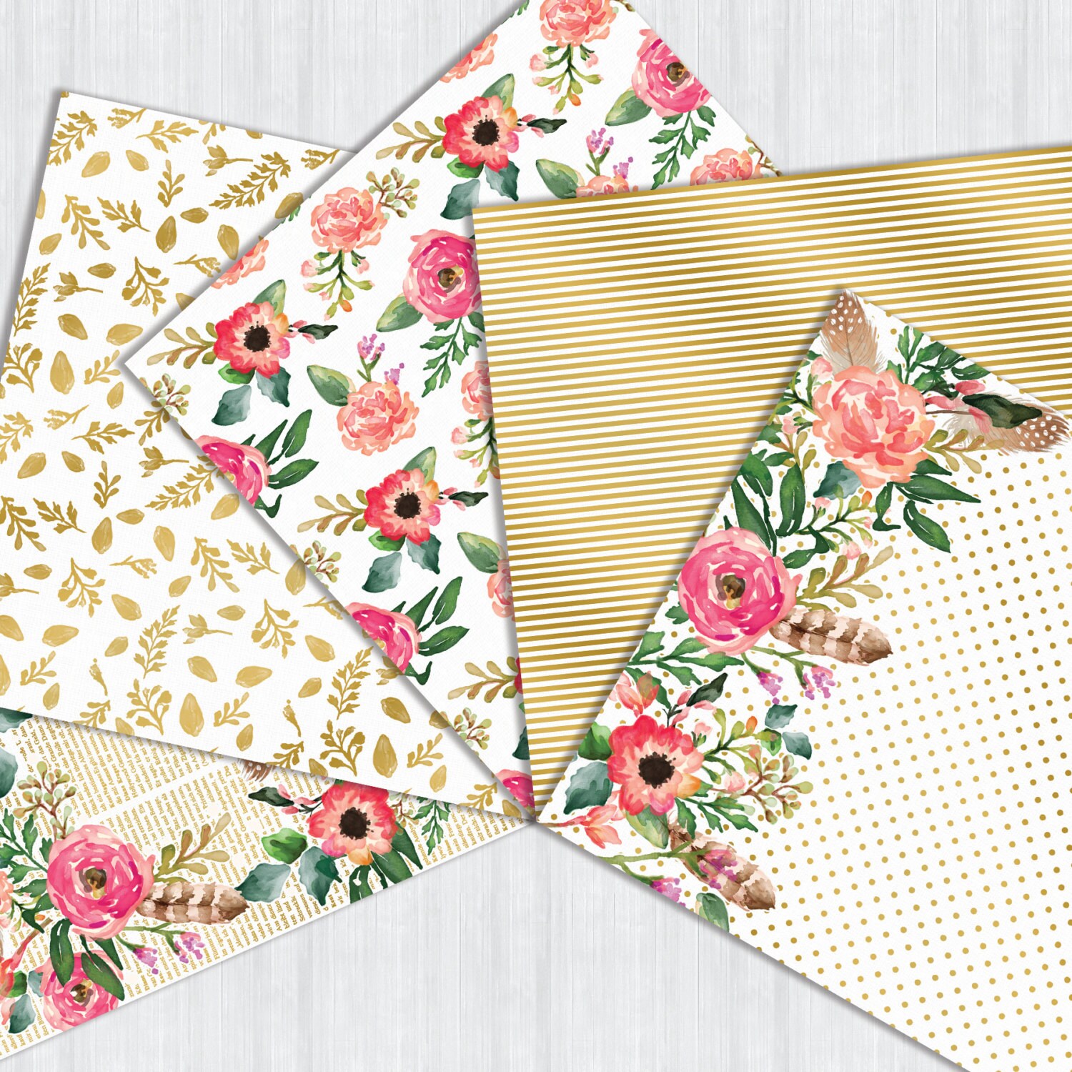 Watercolor Gold Flowers Digital Paper Pack Instant Download - Etsy