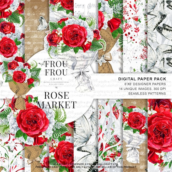 Valentine Paper Pack Red Roses Digital Backgrounds Watercolor | Etsy
