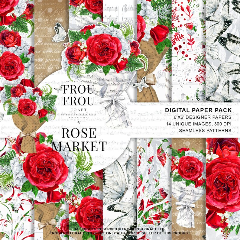 Valentine Paper Pack Red Roses Digital Backgrounds Watercolor Flowers ...