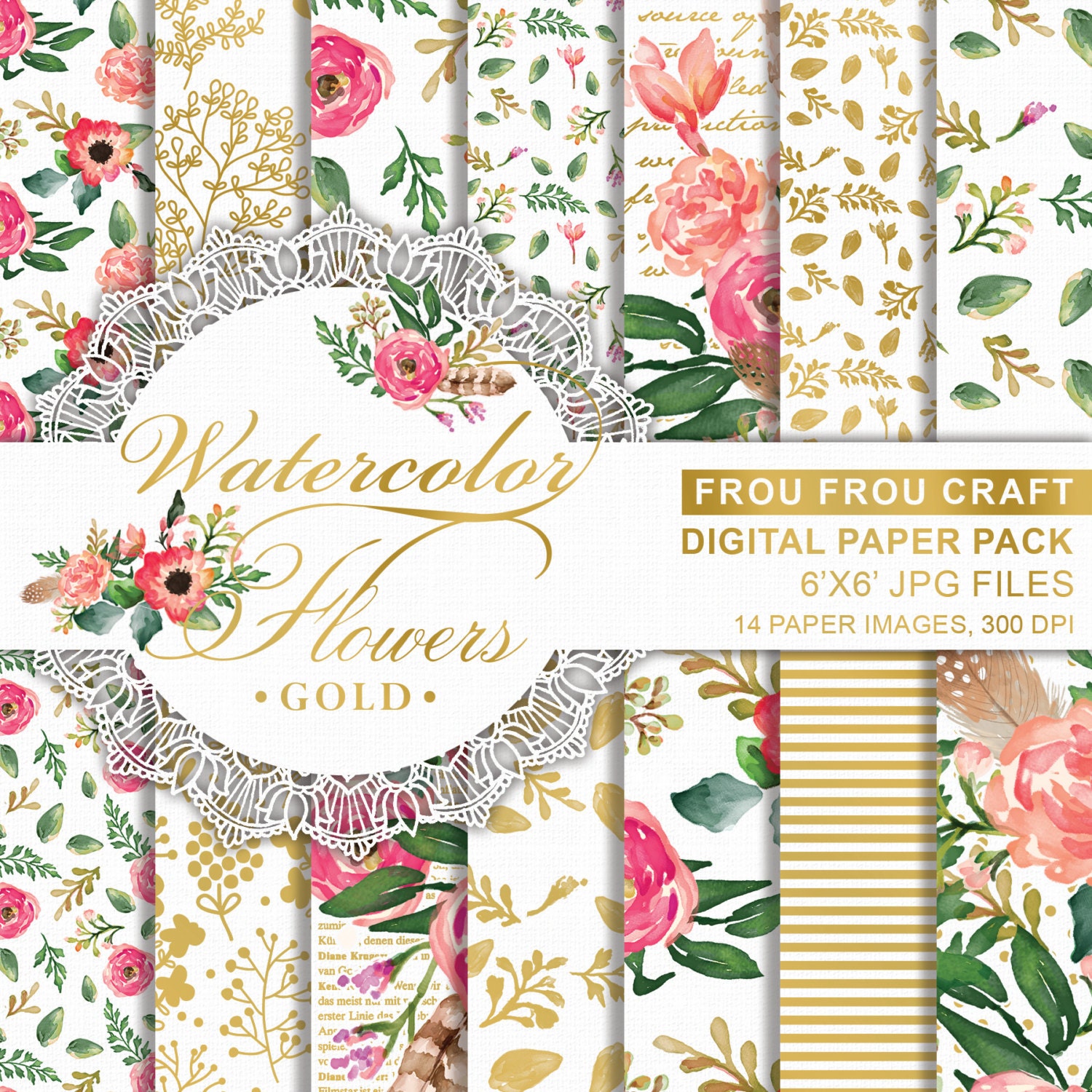 Watercolor Gold Flowers Digital Paper Pack Instant Download - Etsy