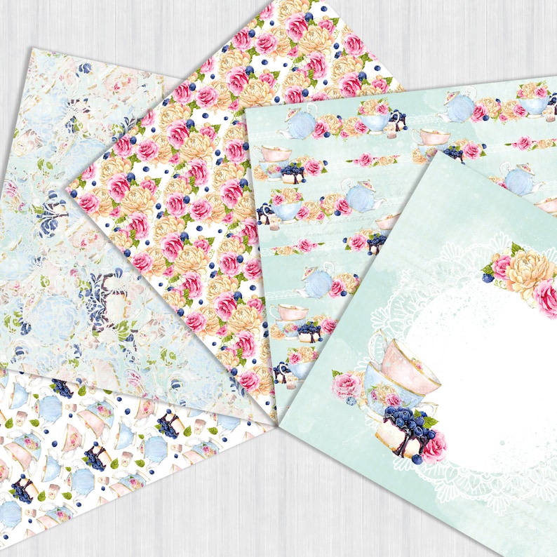 Tea Party Digital Paper Pack Watercolor Flowers Seamless Patterns ...
