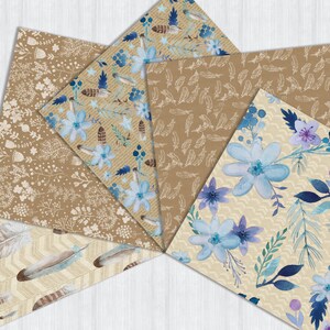 Blue Watercolor Flowers Digital Paper Pack Instant Download Feathers ...