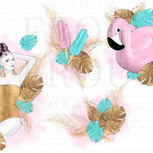 Summer Clipart Tropical Clip Art Fashion Girl Pool Party Pink Flamingo ...