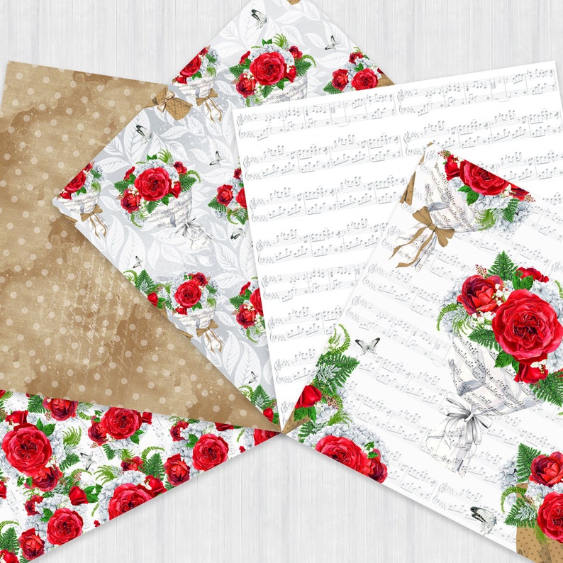 Valentine Paper Pack Red Roses Digital Backgrounds Watercolor Flowers ...