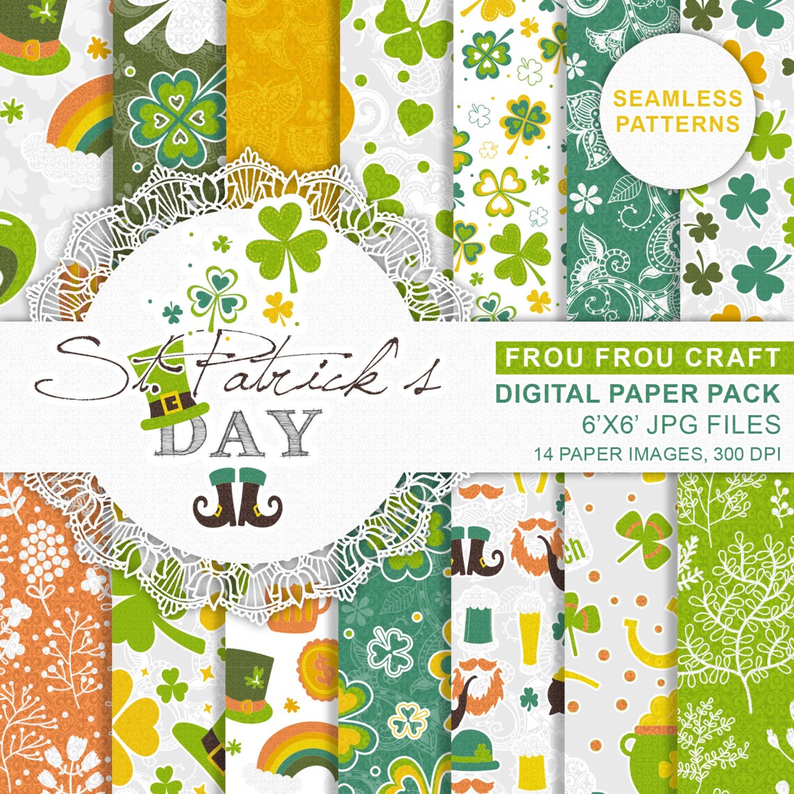 St Patricks Day Shamrock Paper, St Patty Irish Digital Paper, Green and ...