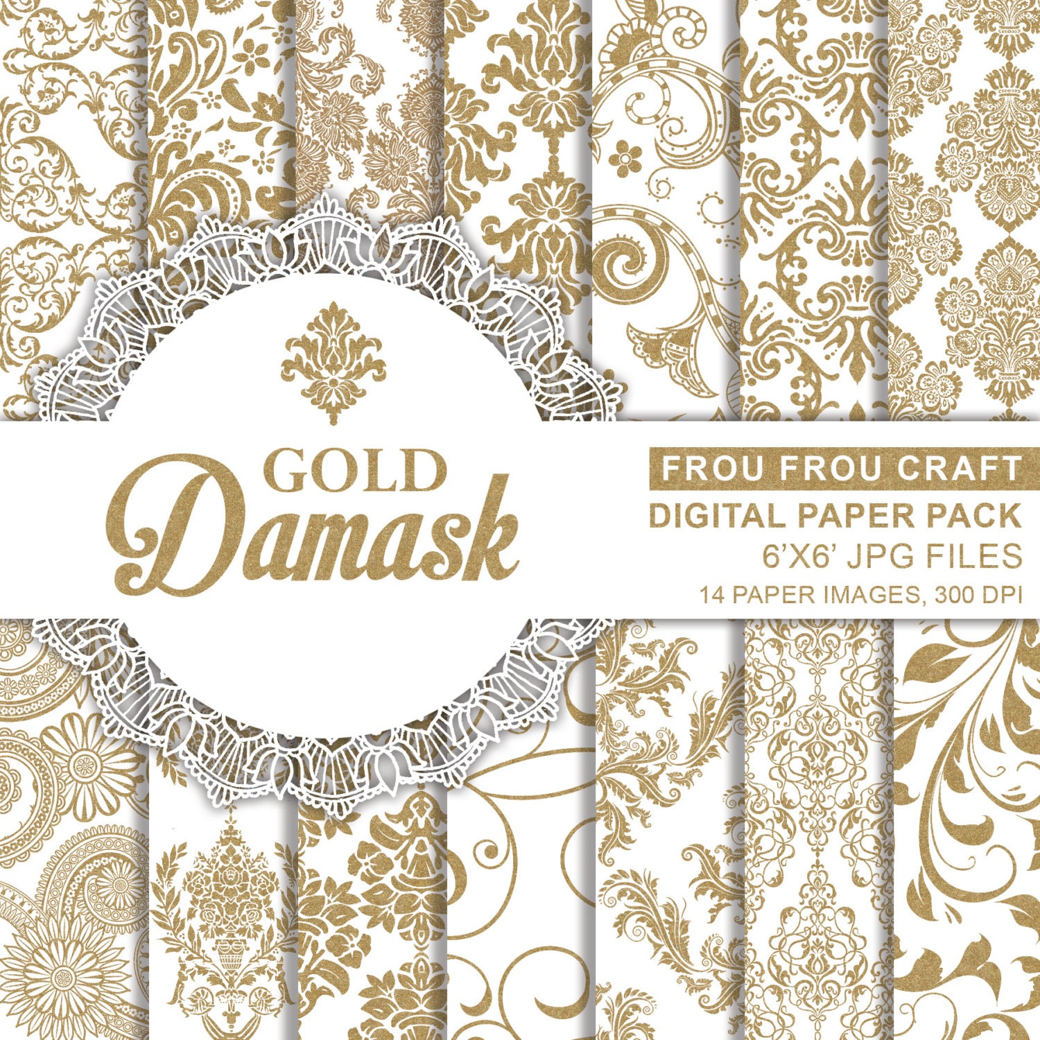 Gold Damask Digital Paper Pack Instant Download Swirls Floral Flowers ...