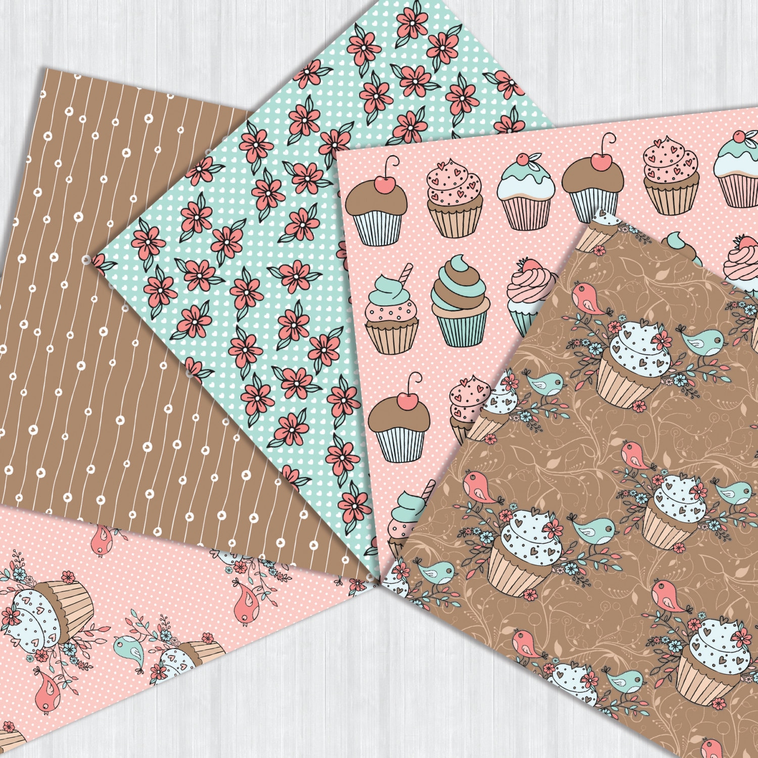 Cupcakes Birds Seamless Patterns Digital Paper Pack Instant - Etsy