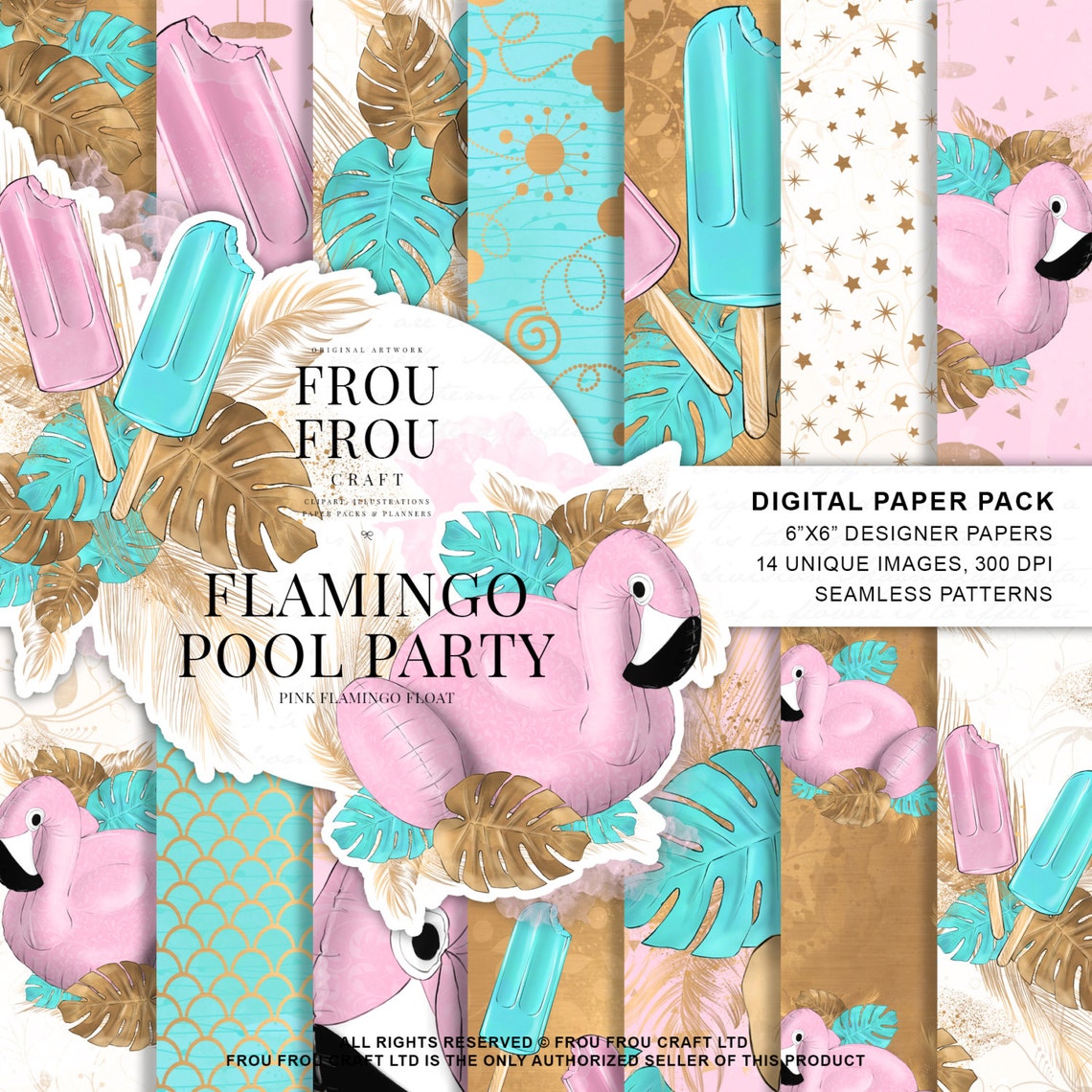 Summer Paper Pack Beach Digital Backgrounds Pink Flamingo Float Planner ...