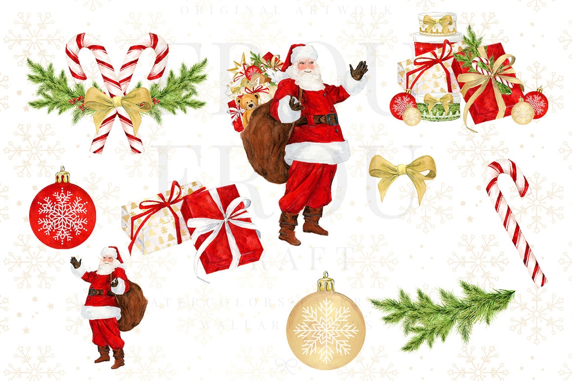 Christmas Clipart Watercolor Christmas Clip Art Santa Graphics | Etsy