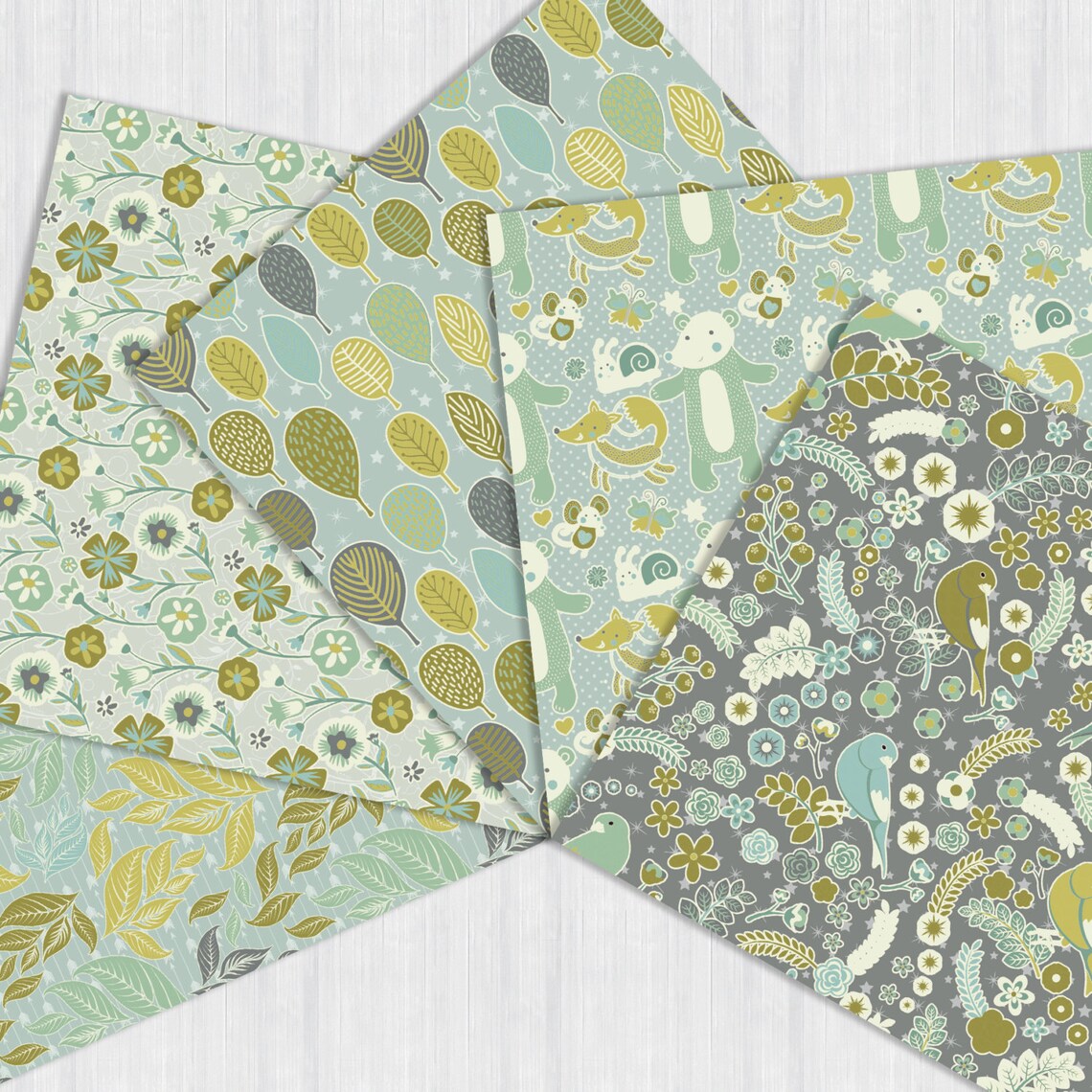 Green Blue Digital Paper Pack Birds Flowers Seamless | Etsy