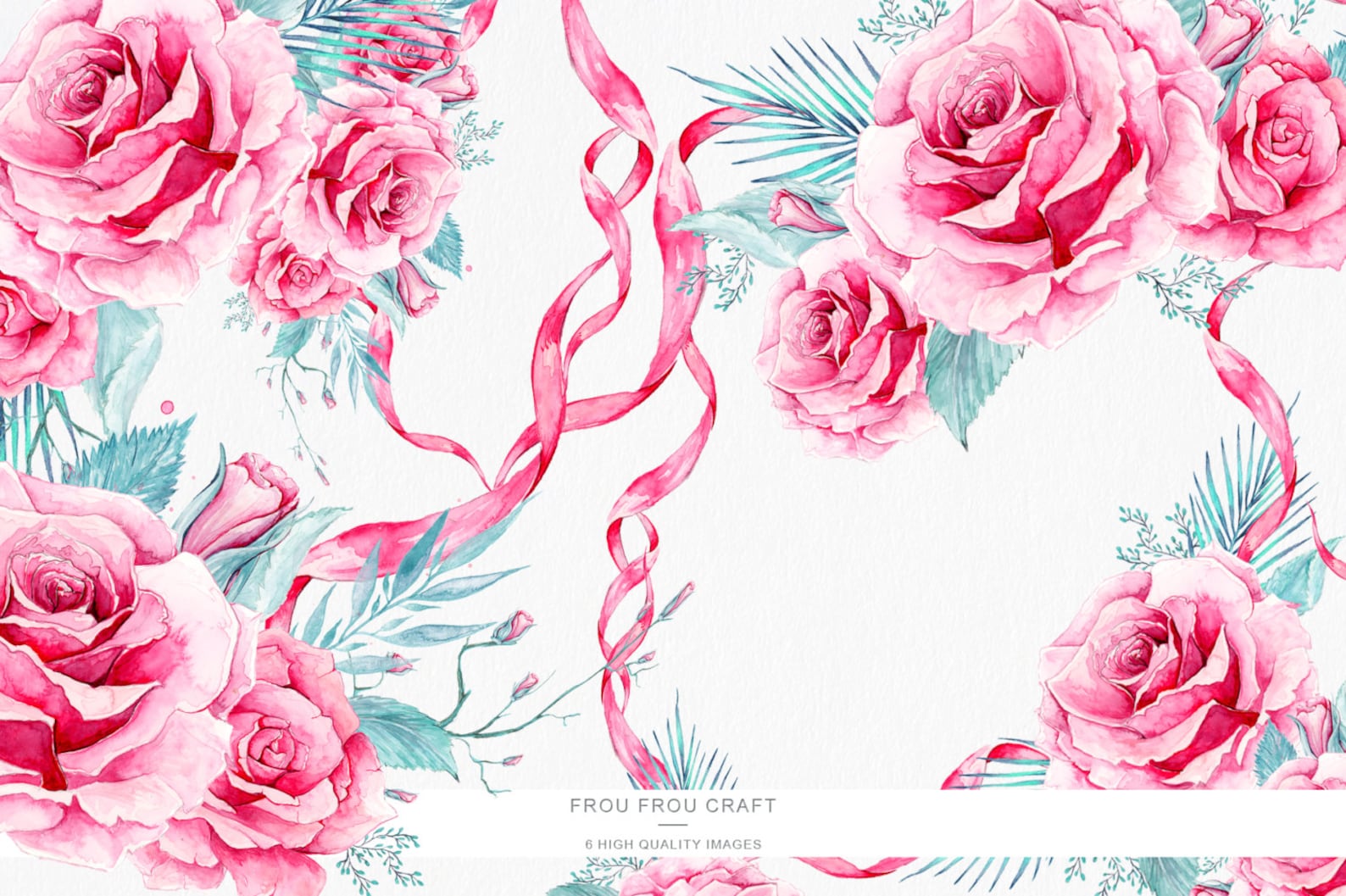 Watercolor Roses Clipart Valentine Flowers Handpainted Floral Pink Mint ...