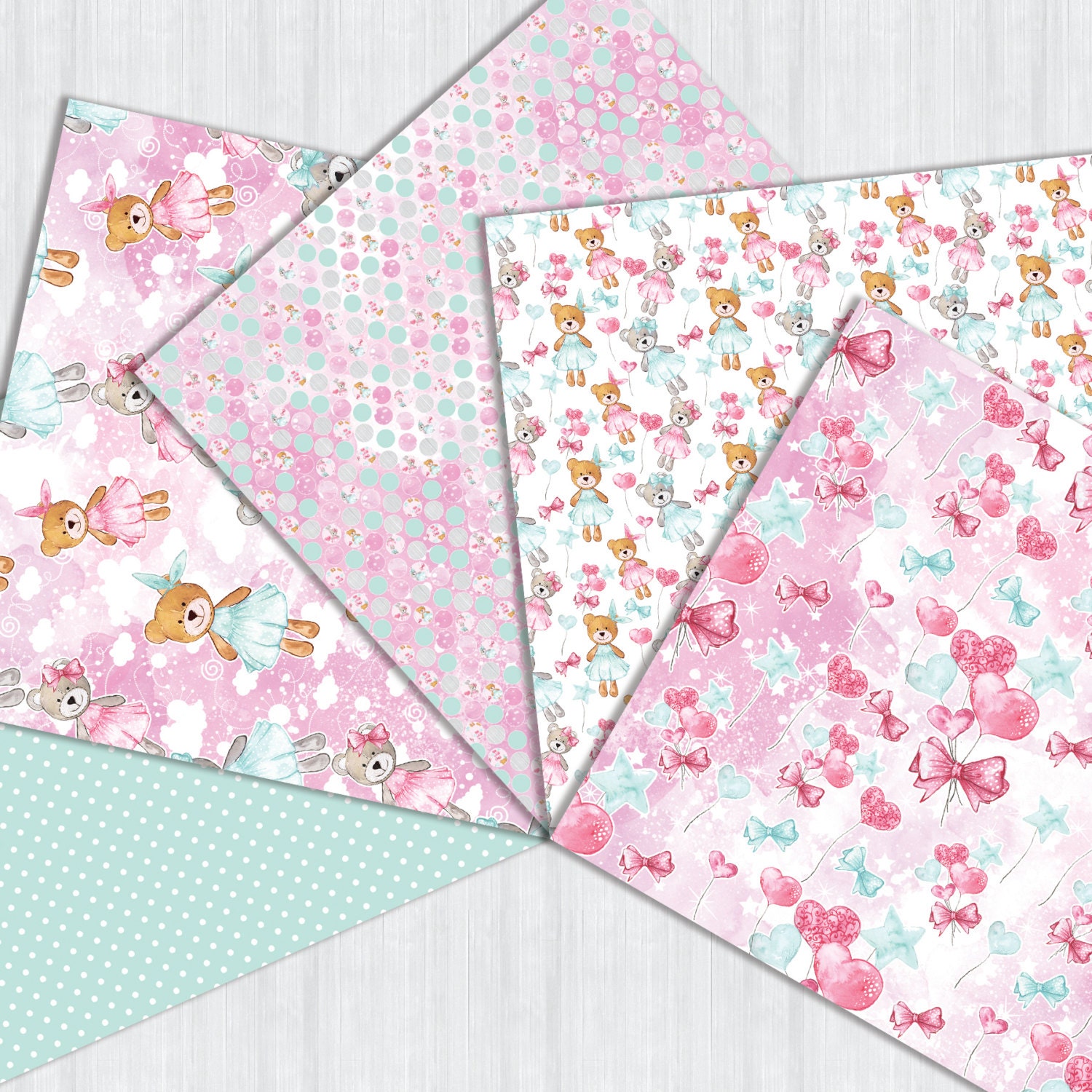 Teddy Bear Digital Paper Instant Download Pack Baby Balloon Girly Pink ...