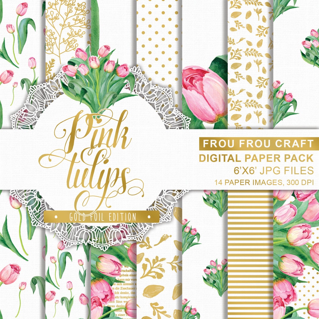 Pink Gold Foil Tulips Watercolor Spring Flowers Digital Paper Pack ...
