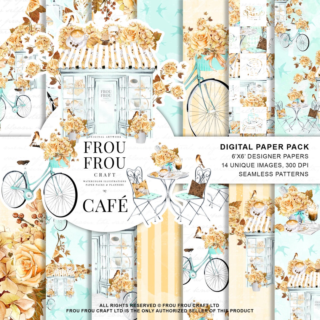 Paris Paper Pack Coffee Digital Backgrounds Watercolor Bakery Seamless ...