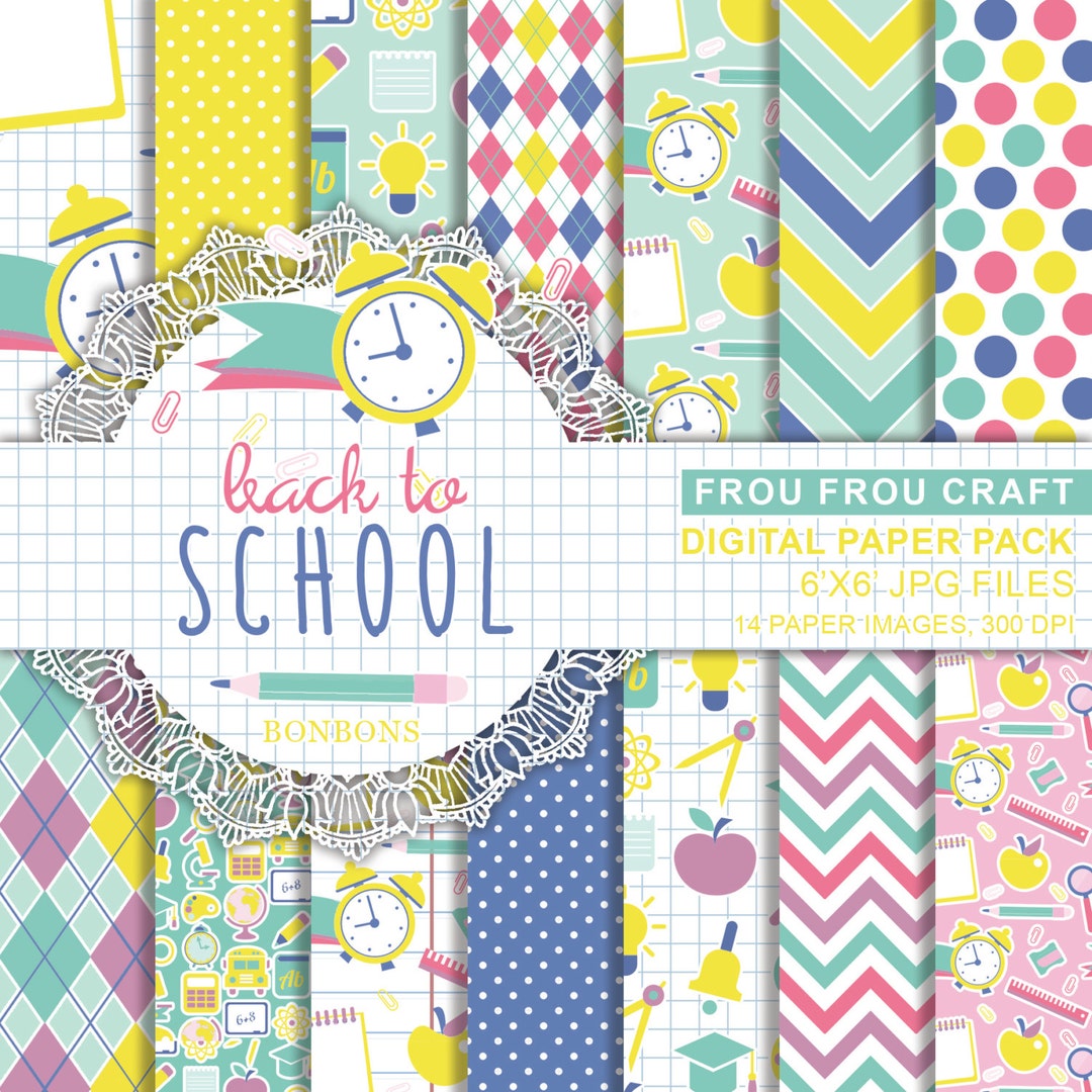 School Teal Lemon Purple Pink Yellow Digital Paper Pack Instant ...